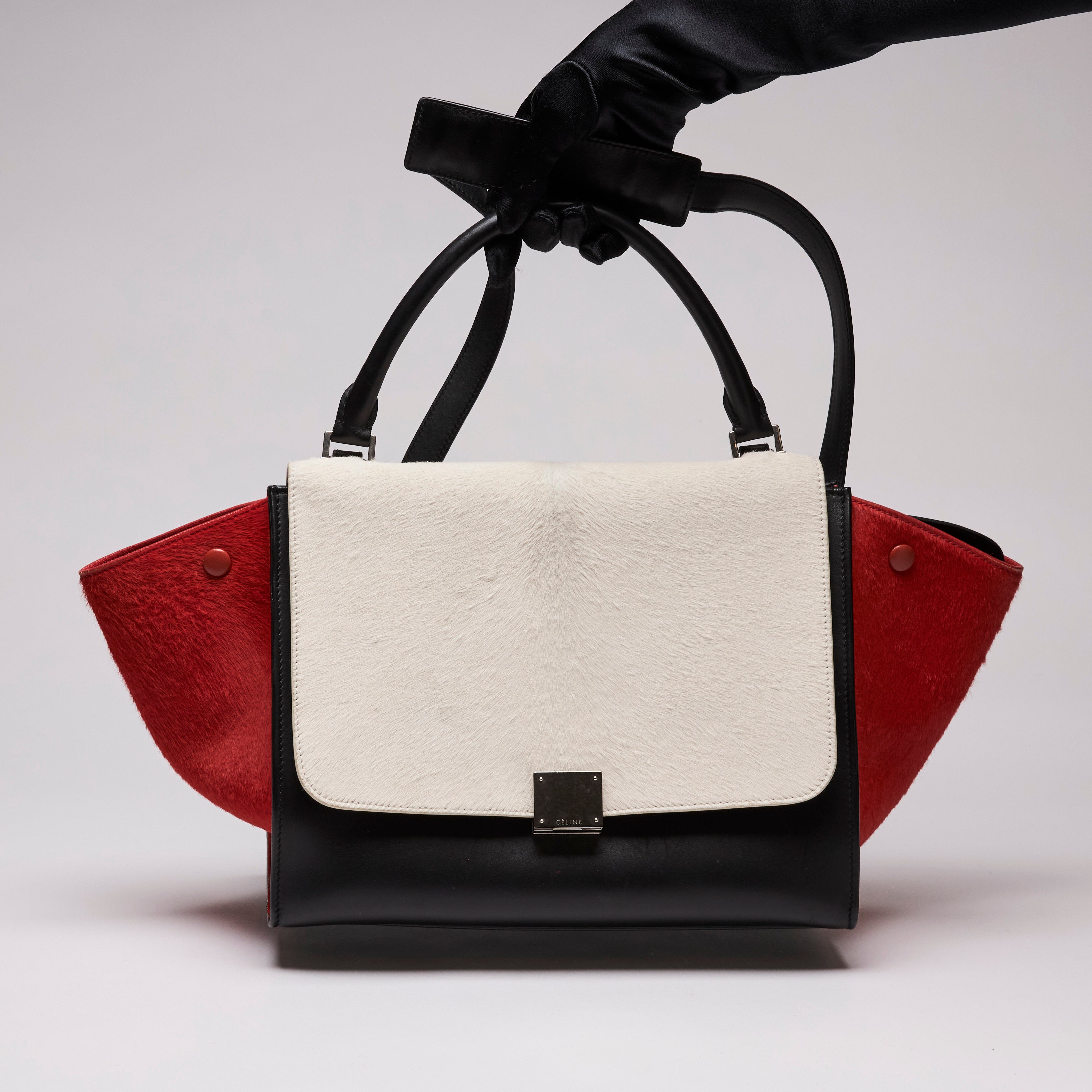 Celine Pony Hair and Smooth Calfskin Tri Color Trapeze White Red Black Luxury Finds Consignment